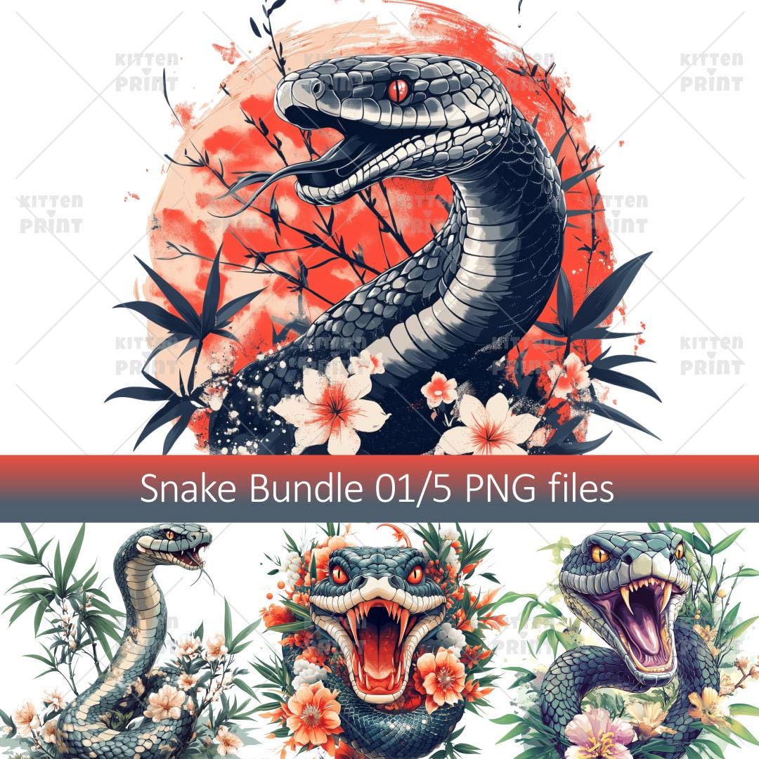 Snake Roar, Angry Cobra, Animals and Bamboo Flowers, 5 PNG Watercolor Illustration, Floral ...