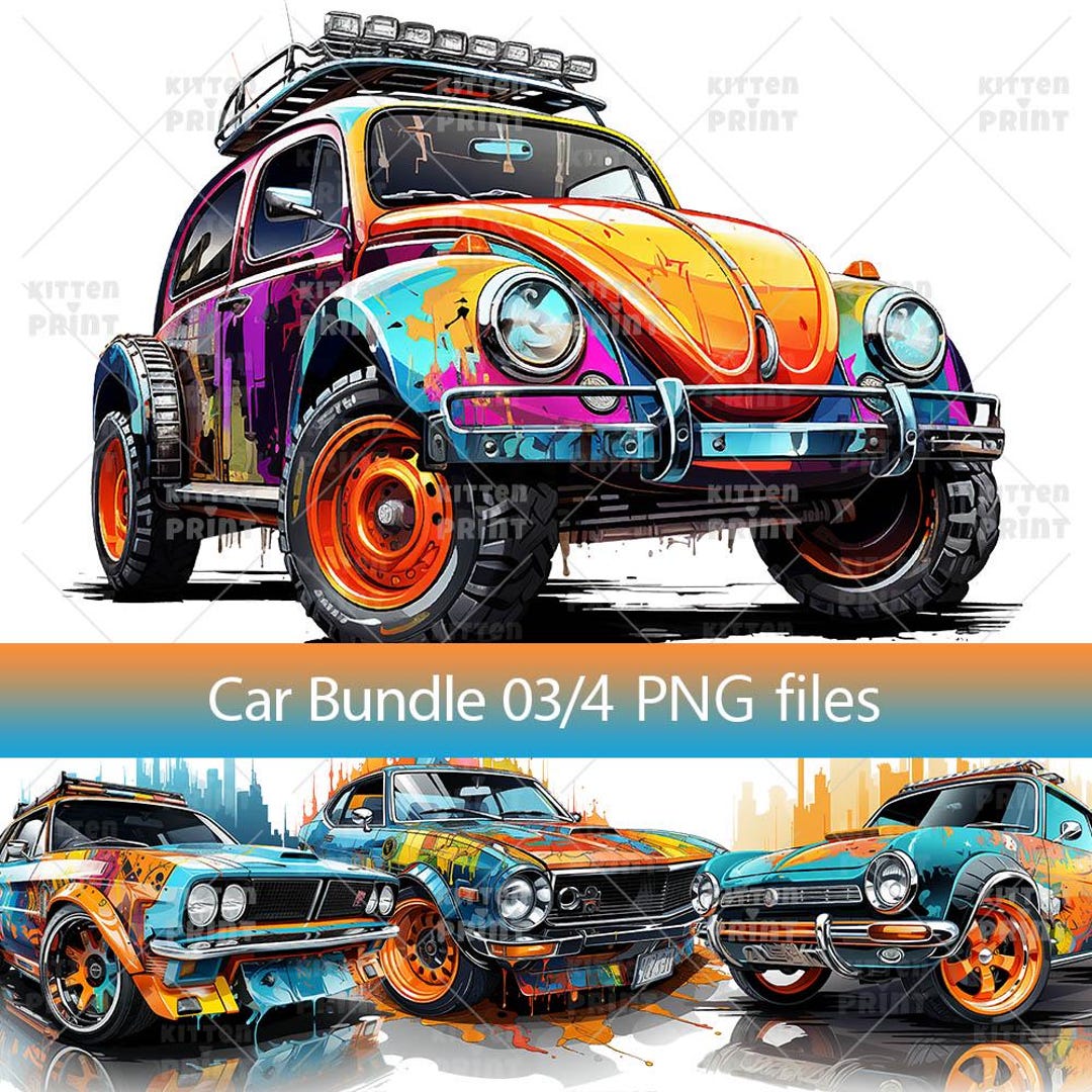 Colorful Classic Car Bundle, Cool Vehicle Pack, 4 PNG Illustration ...
