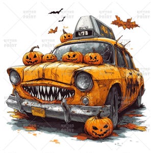 Monster Cars Clipart, Cartoon Yellow Cab, Halloween Urban Transport and ...