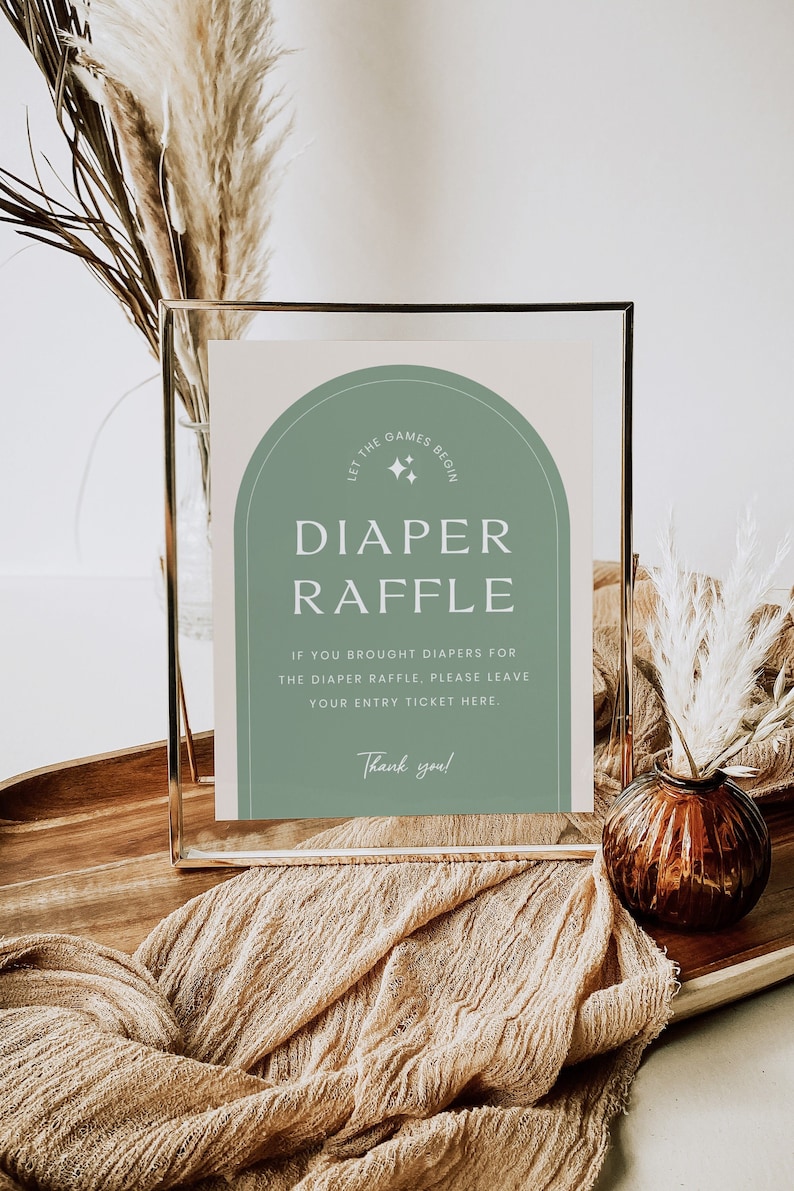 Sage Green Diaper Raffle Sign and Cards, Boho Baby Shower (digital ...