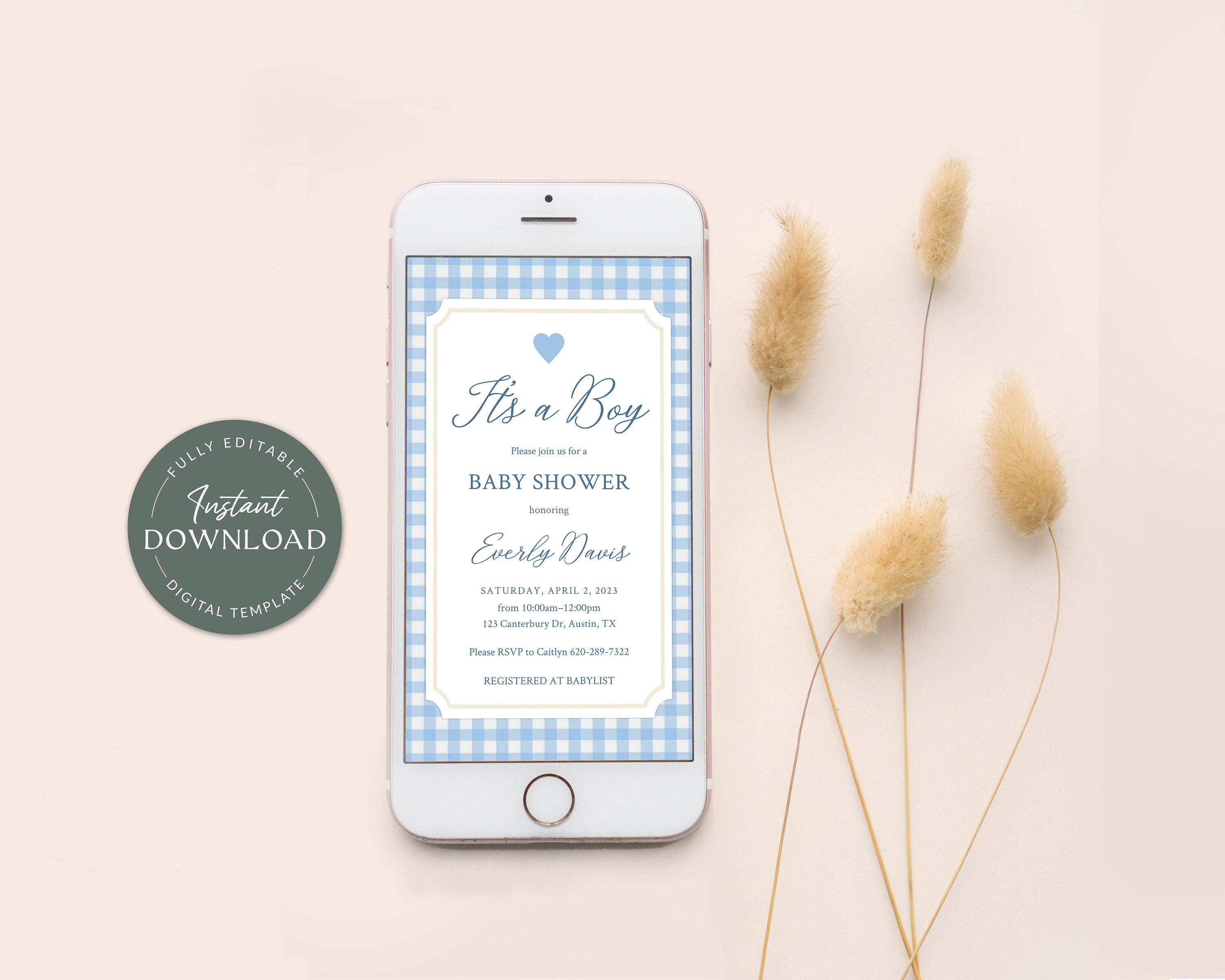 Baby Shower Text Invitation Blue Gingham It's A Boy Text Invite Baby ...