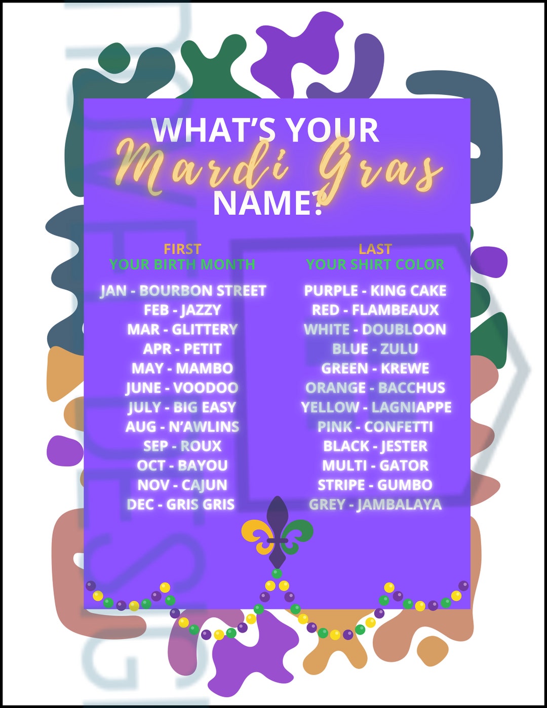 Mardi Gras Name Game: New Orleans Souvenir Art Print - Etsy