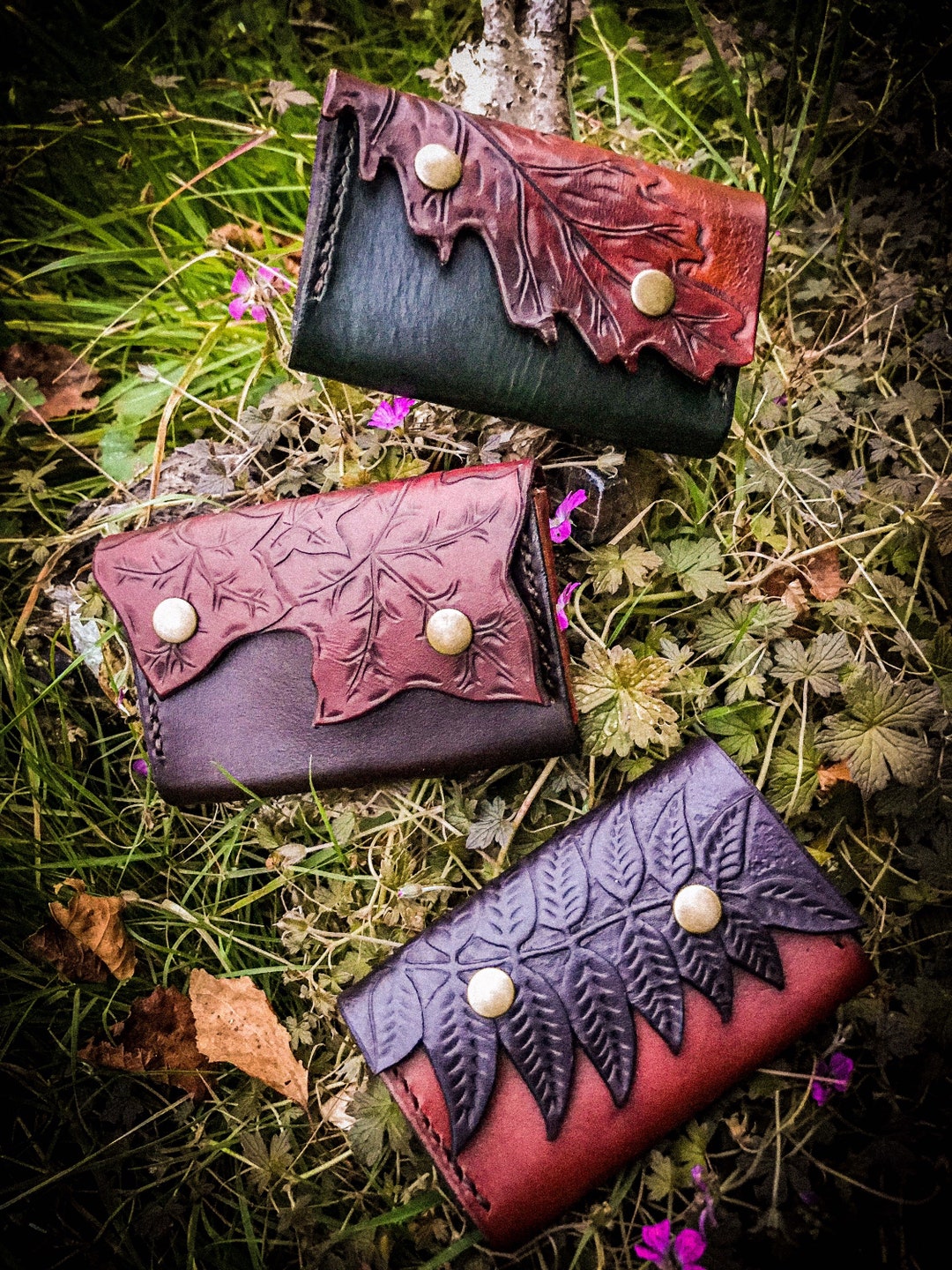 Custom Leather Leaf Purse Wallet Bespoke Handmade Carved Tooled Purse ...