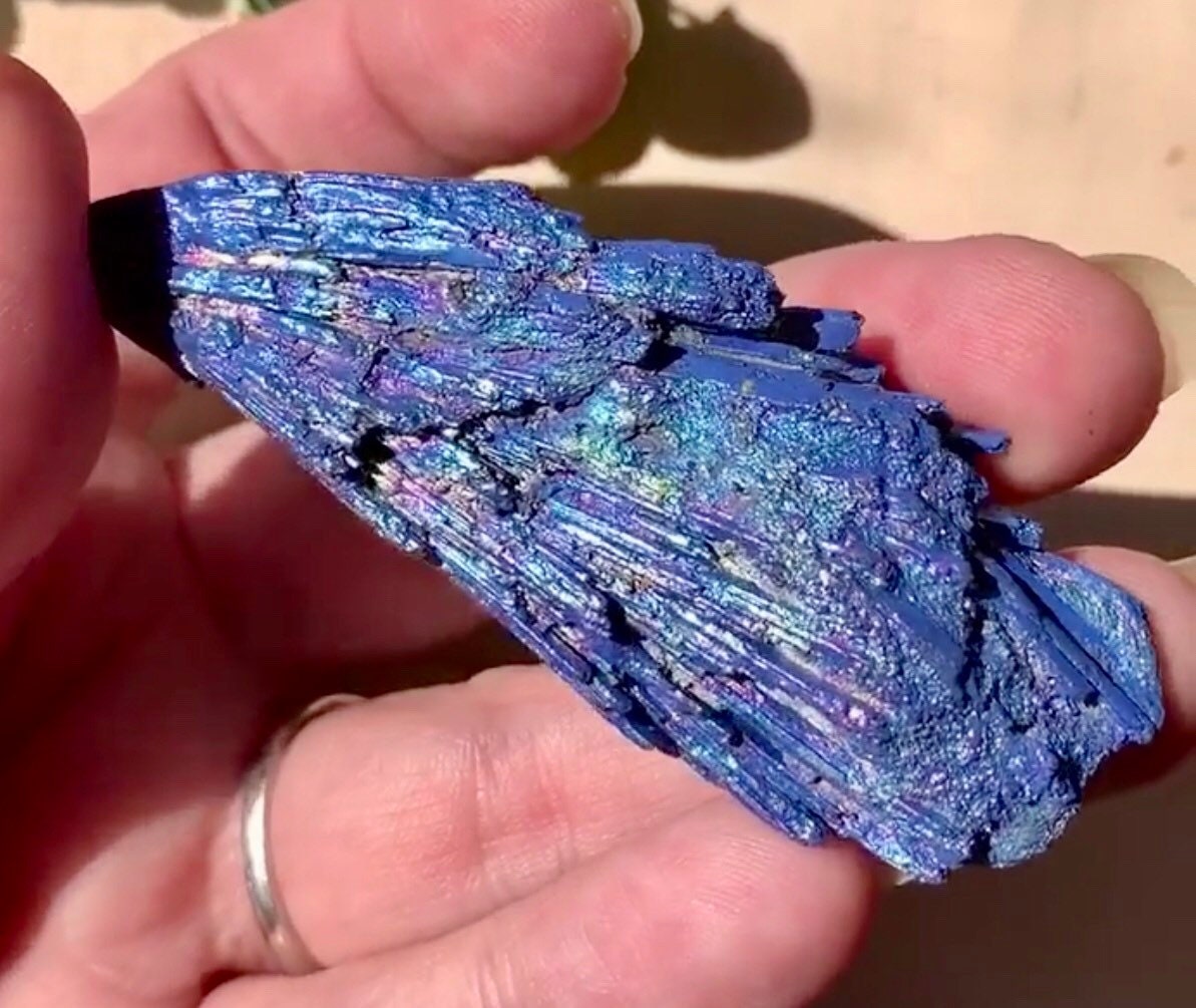 Gorgeous Titanium Aura Black Kyanite Fan. Blue Rainbow Colors. | Etsy