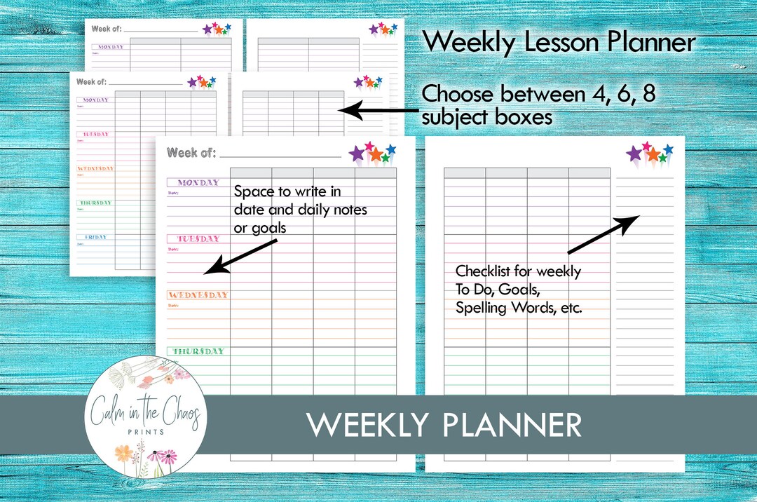 Homeschool Planner - Weekly Lesson Planner Pages for 4, 6, or 8 Subject ...