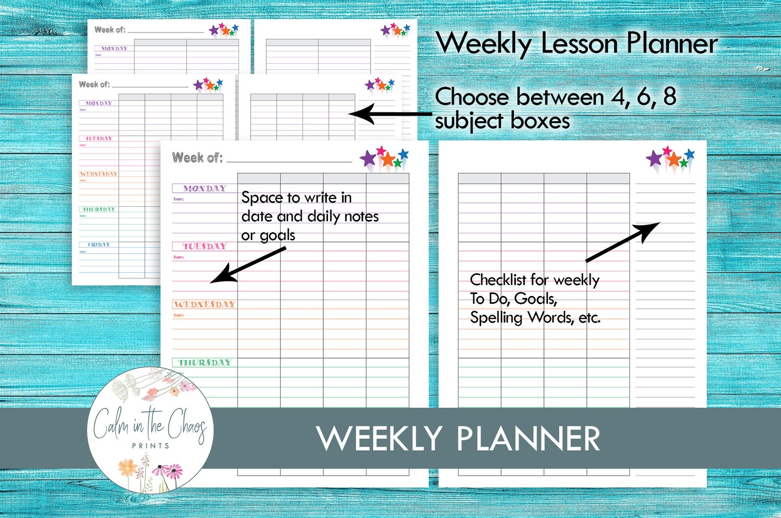 Homeschool Planner - Weekly Lesson Planner Pages for 4, 6, or 8 Subject ...