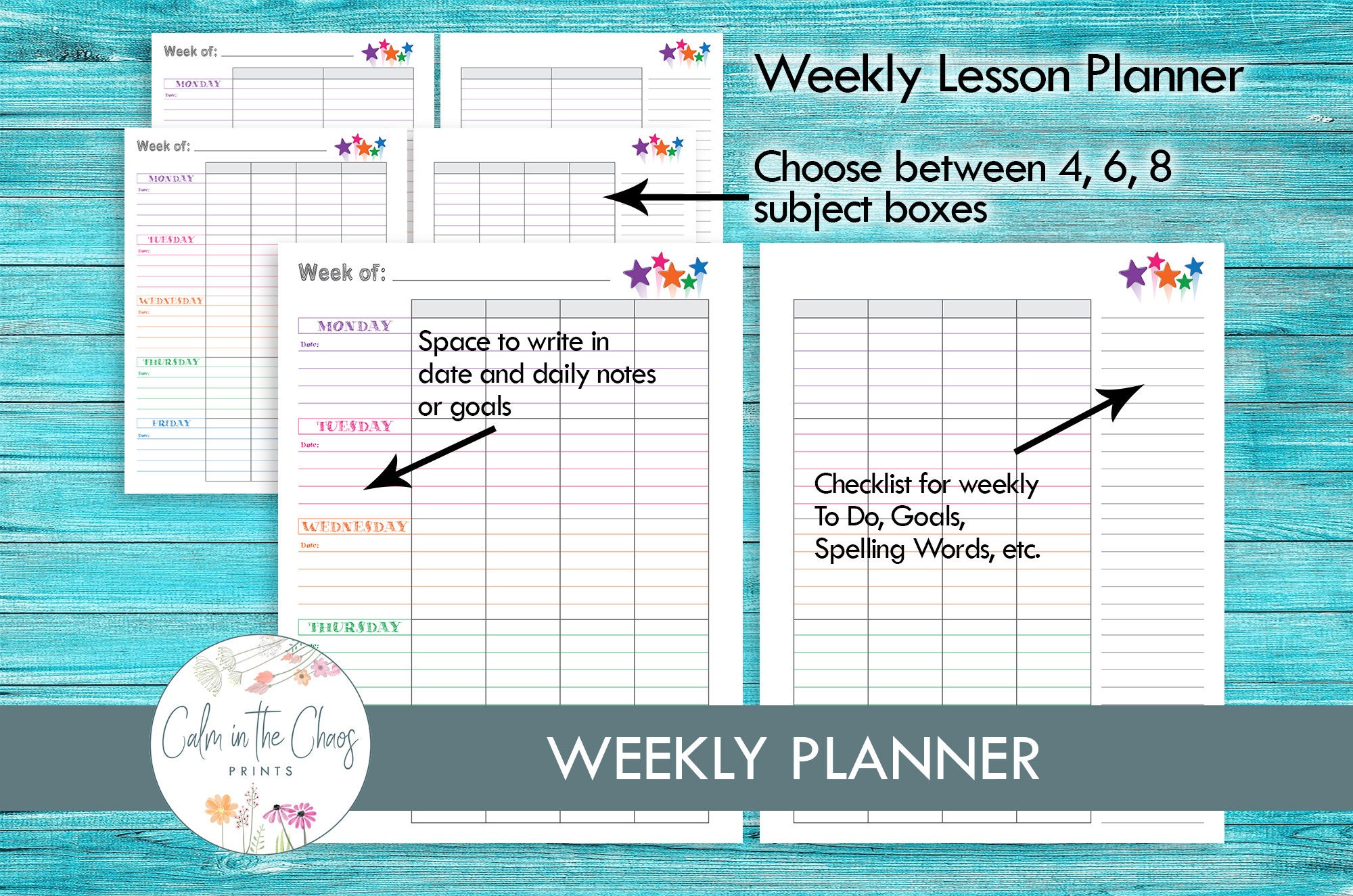 Homeschool Planner Weekly Lesson Planner Pages for 4, 6, or 8 Subject ...