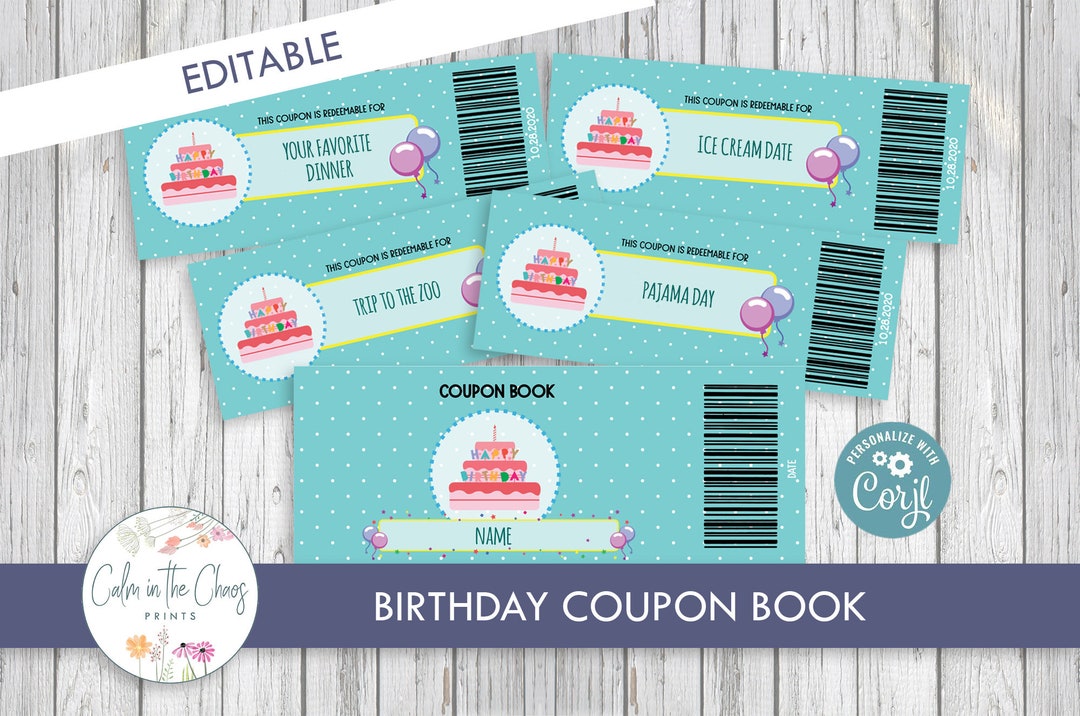 Printable Coupon Book - Birthday Cake Themed Gift - Editable Coupon ...