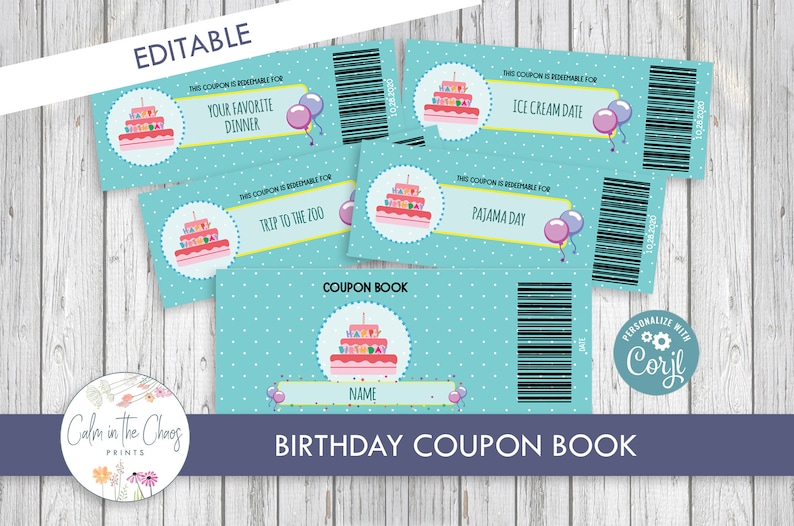 Printable Coupon Book - Birthday Cake Themed Gift - Editable Coupon ...