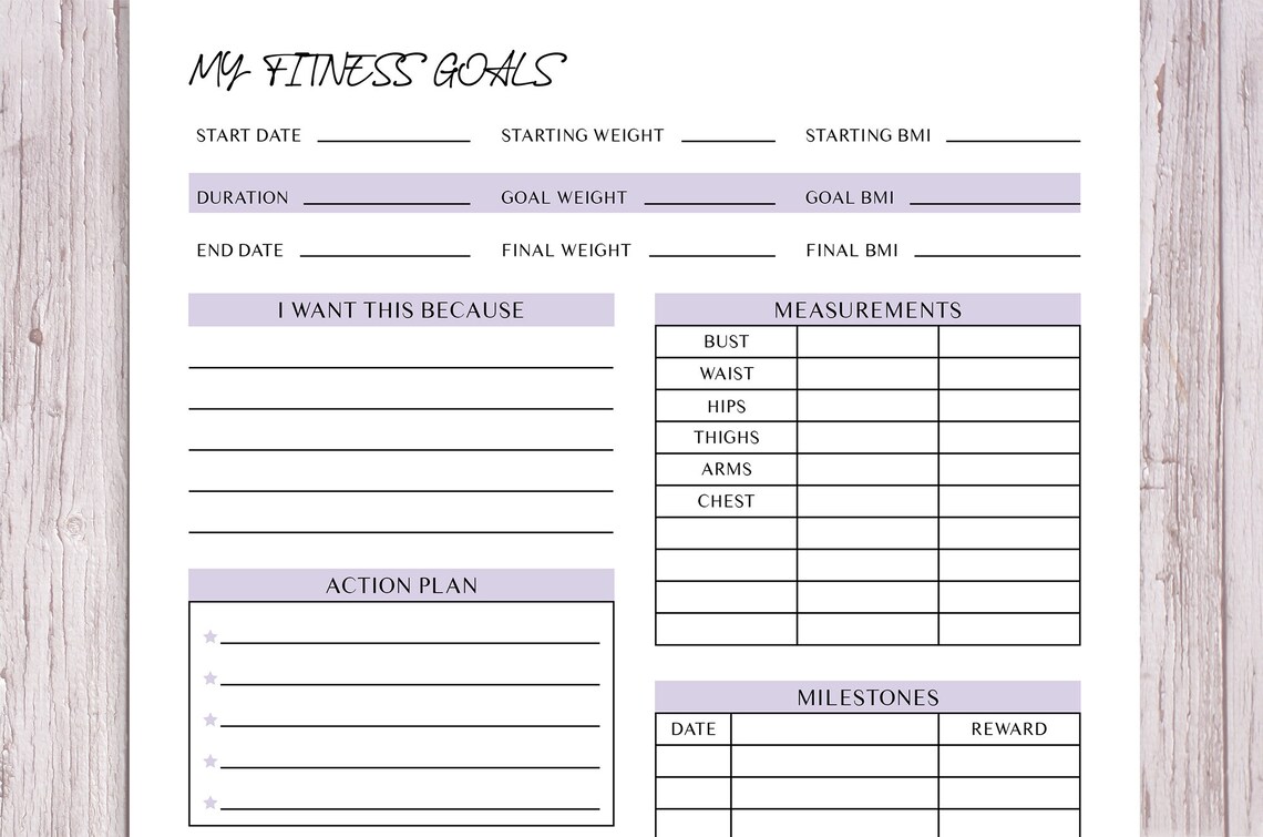 Fitness Planner Printable - Fitness Goals Planner Page Insert - Weight ...