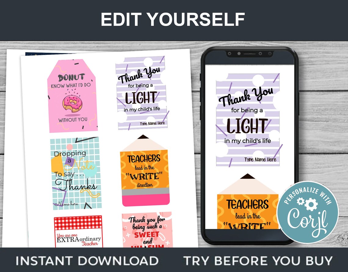 Teacher Appreciation Printables Set of 12 Editable Tags for Dressing up ...