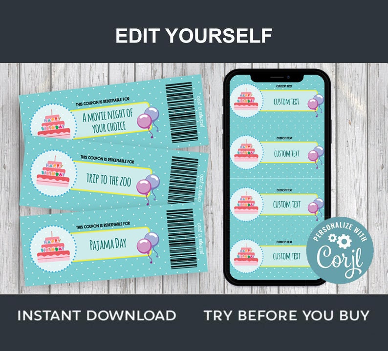 Printable Coupon Book Birthday Cake Themed Gift Editable - Etsy