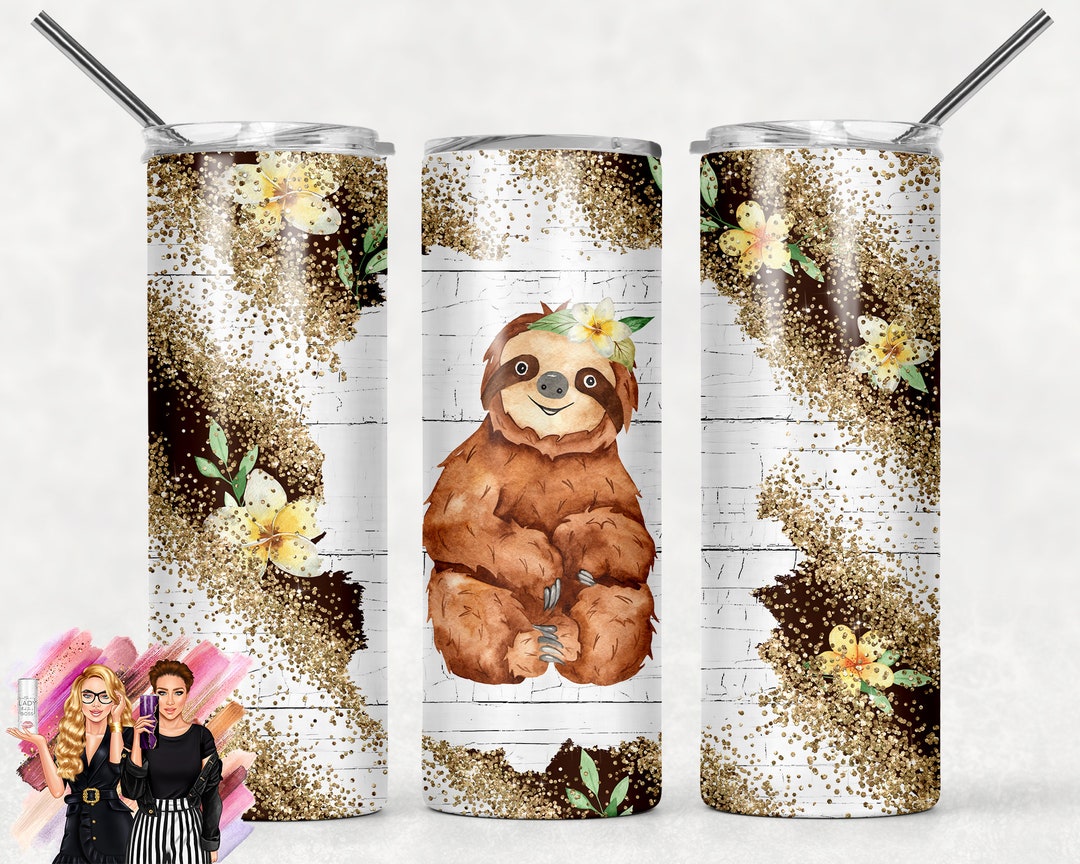 SEAMLESS Sloth Gold Glitter Rustic Wood Print Yellow Flowers ...