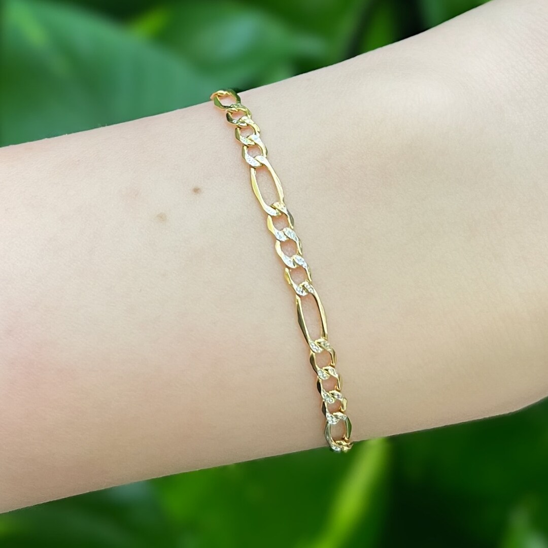 14K Gold 3.5mm Diamond-cut Figaro Bracelet - Etsy