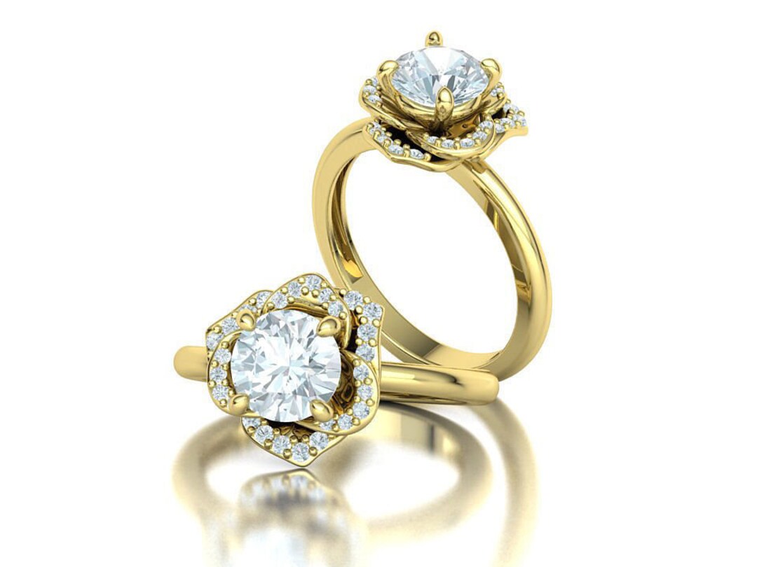 14K Solid Gold Flower Engagement Ring One Carat Center Stone Flower ...