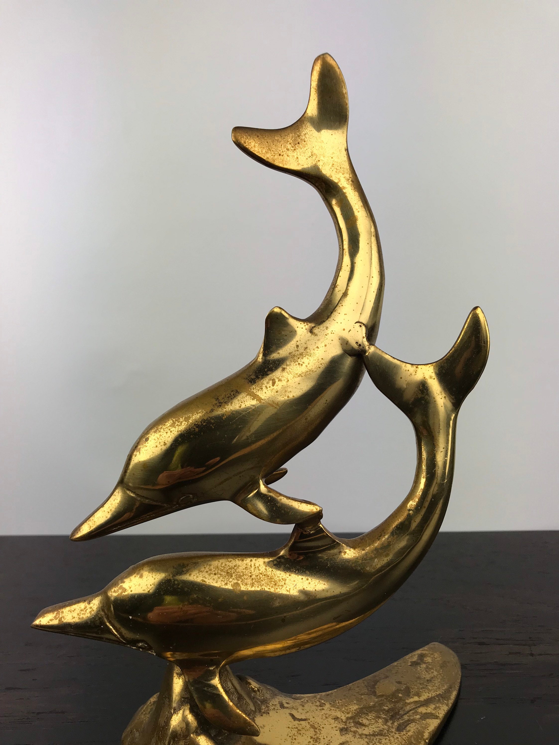 Statues 7\u201d tall Vintage brass dolphin sculpture mounted on marble ...
