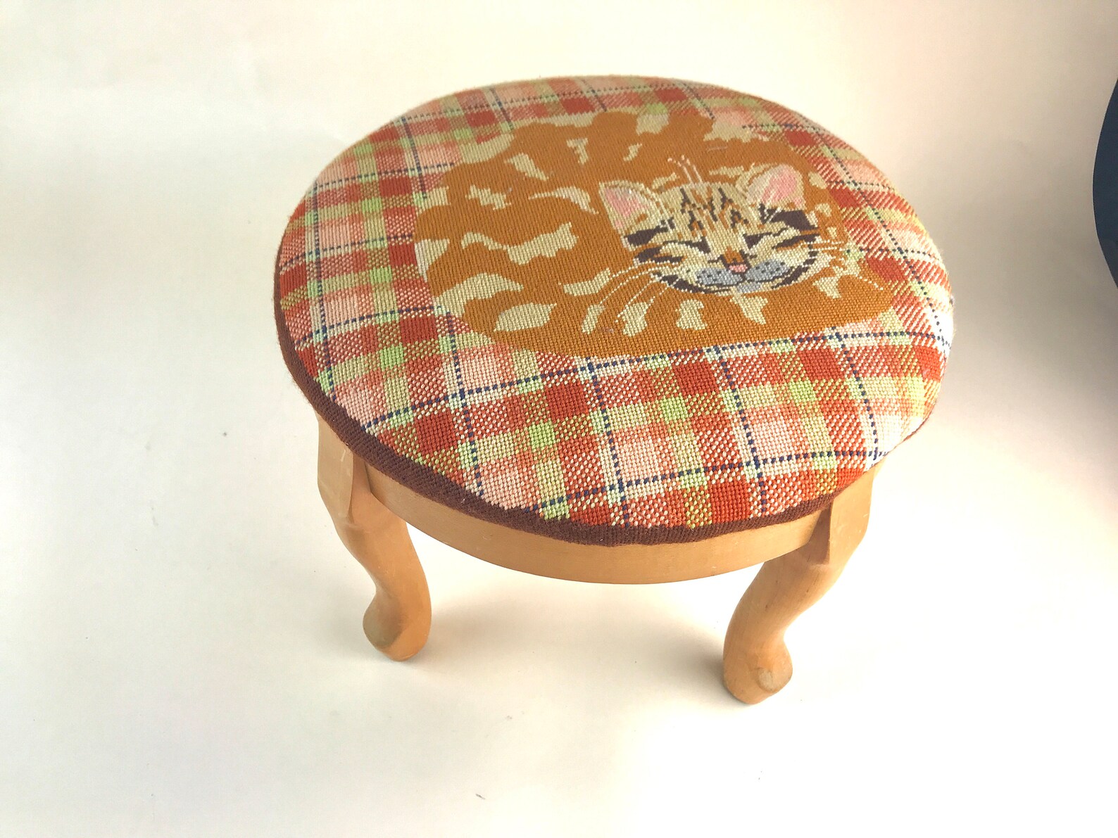 Needlepoint Footstool With Cat Orange Tapestry Footrest - Etsy