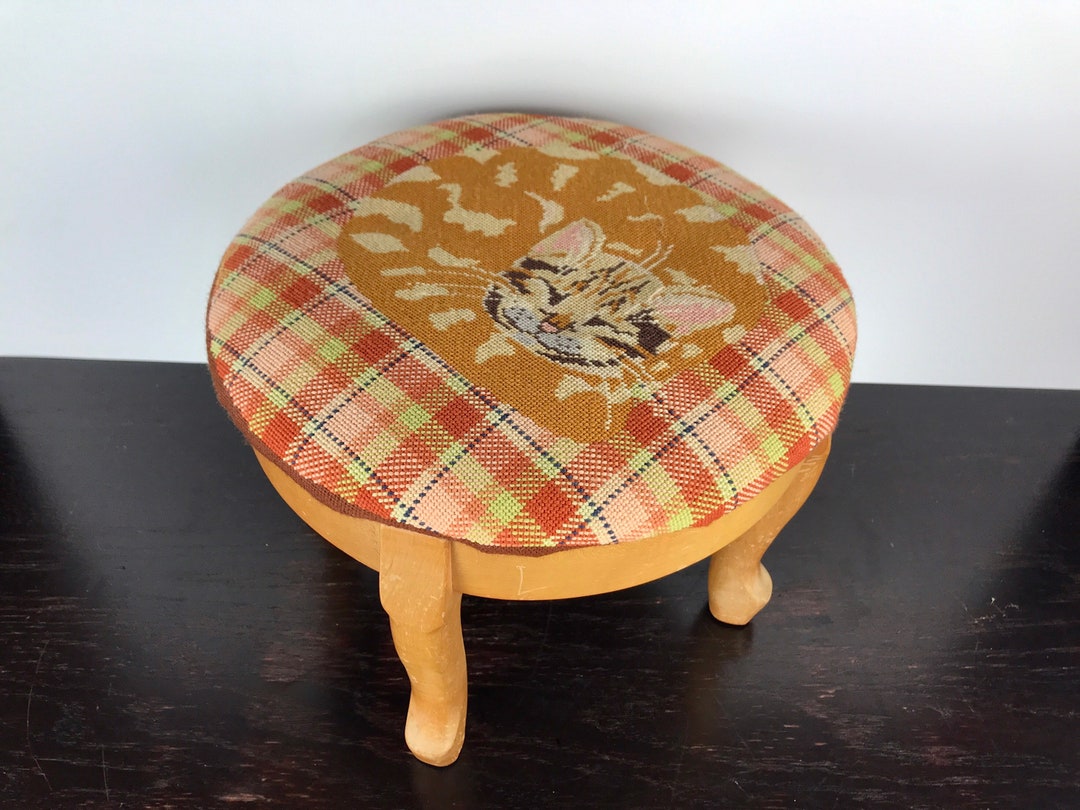 Needlepoint Footstool With Cat Orange Tapestry Footrest - Etsy