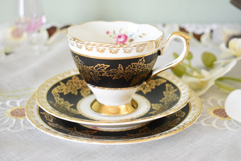 H&M Sutherland in Matt Black and Gold Filigree Tea Cup , Saucer and ...