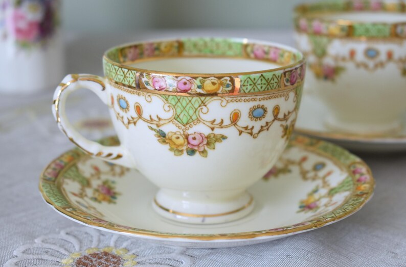 Pair of Sutherland China Hand Painted Rose Swag Gold Filigree Tea Cup ...