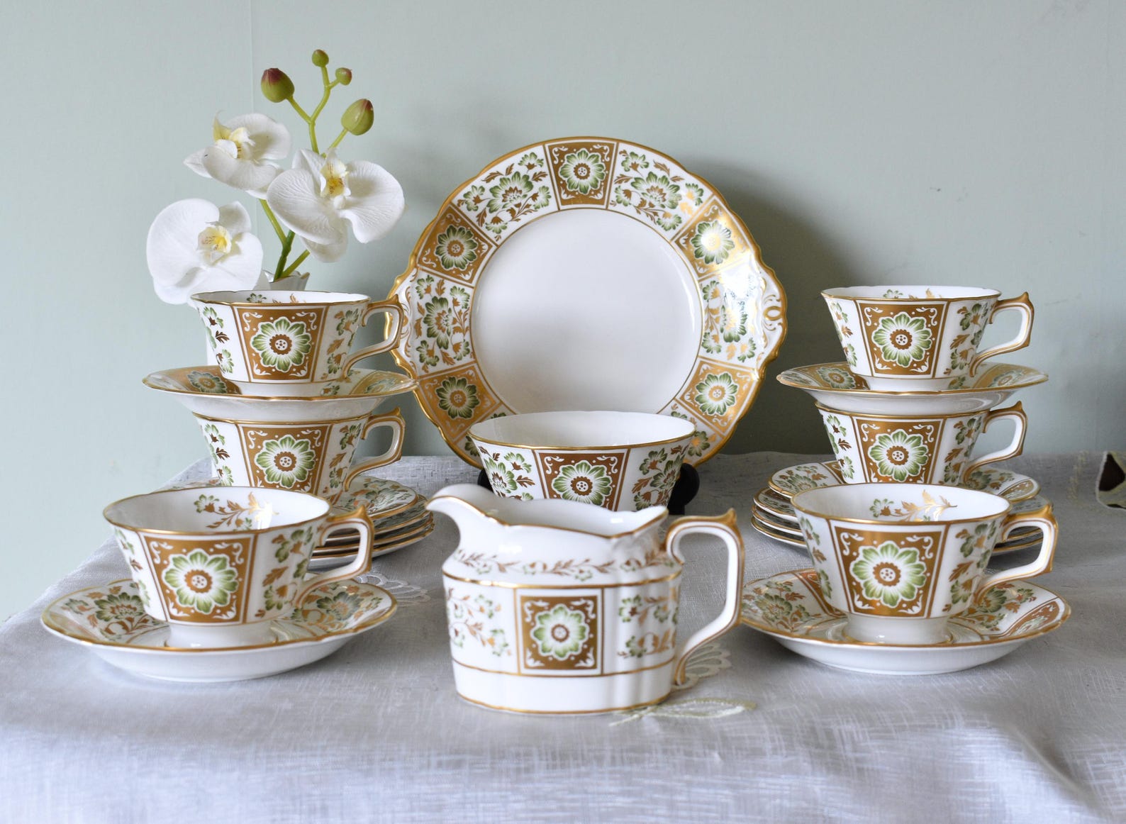 Vintage Royal Crown Derby Panel-green Gold Bone China Tea Set for 6 ...