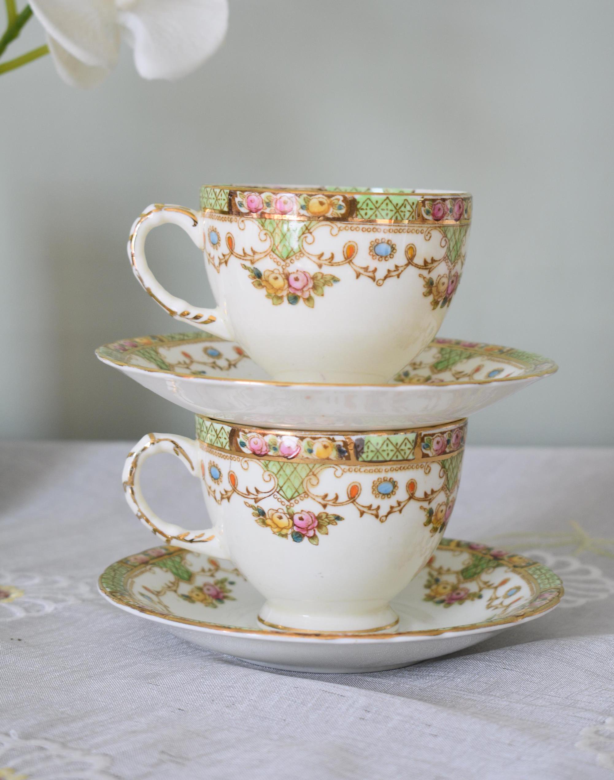 Pair of Sutherland China Hand Painted Rose Swag Gold Filigree Tea Cup ...