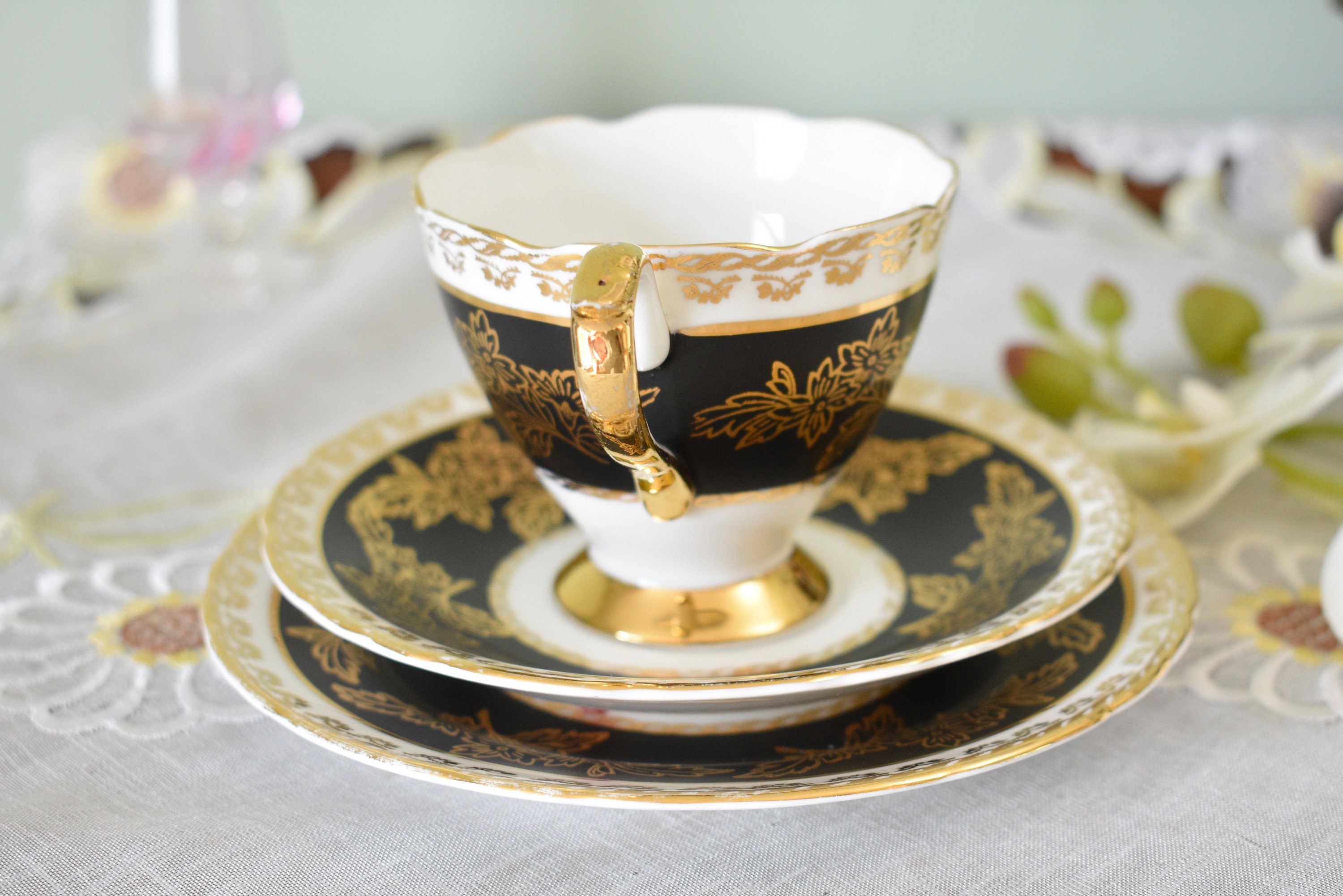 H&M Sutherland in Matt Black and Gold Filigree Tea Cup , Saucer and ...