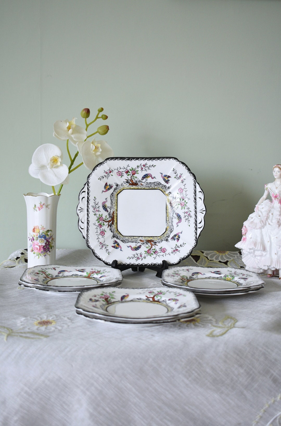 Vintage Melba melbarose in Oriental Birds, Landscape, Black Trim Hand ...