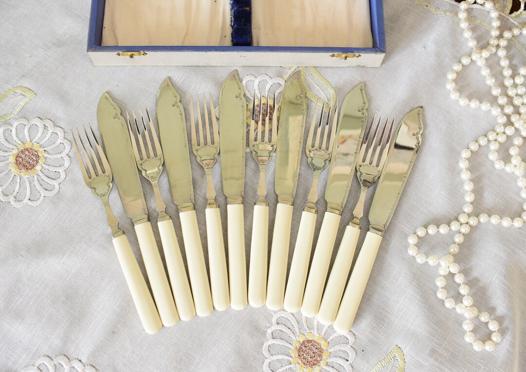 Vintage Stainless Nickel Fish Cutlery Set, Celluloid Handles for 6 ...