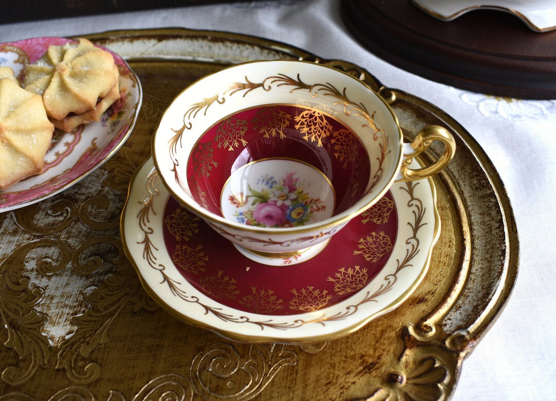 Vintage E.B Foley Red / Burgundy Ivory Gold Filigree Rose Floral , Bone ...