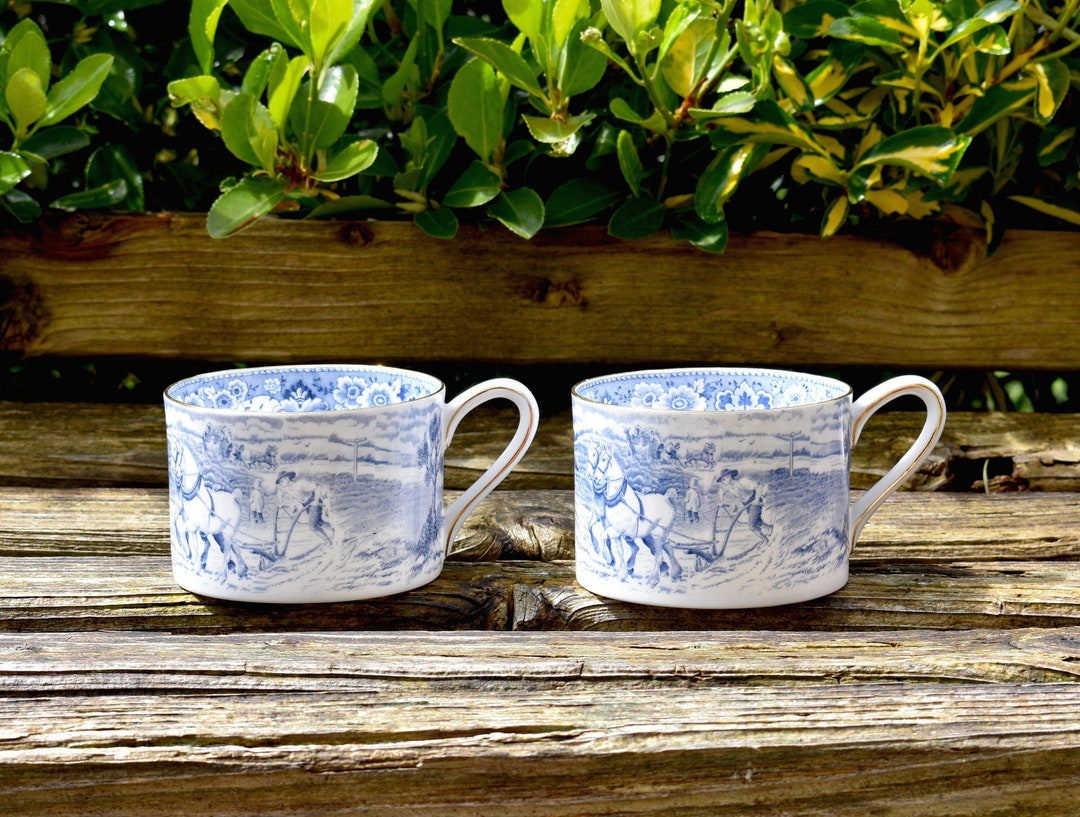 Pair of Vintage Royal Tuscan Flow Blue Farmer Scene / Country Side ...