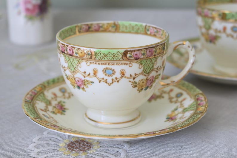 Pair of Sutherland China Hand Painted Rose Swag Gold Filigree Tea Cup ...