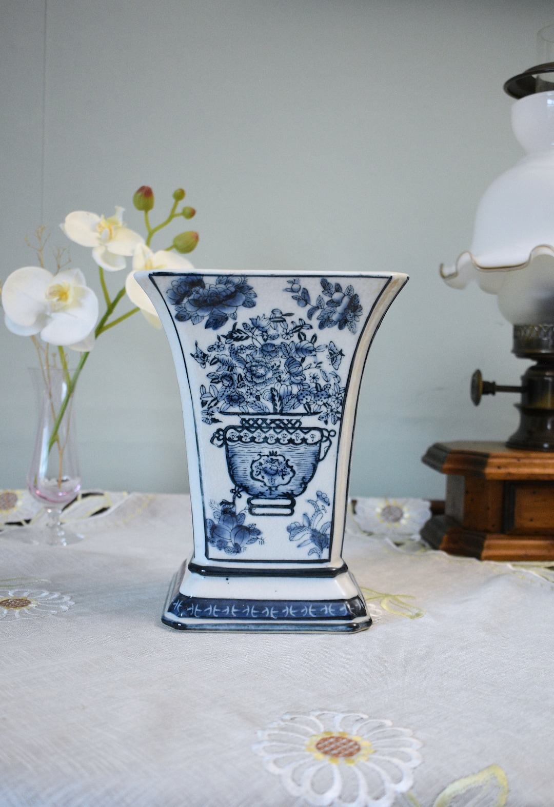 Vintage Hand Painted Flow Blue Floral Square Pagoda Large Chinese ...