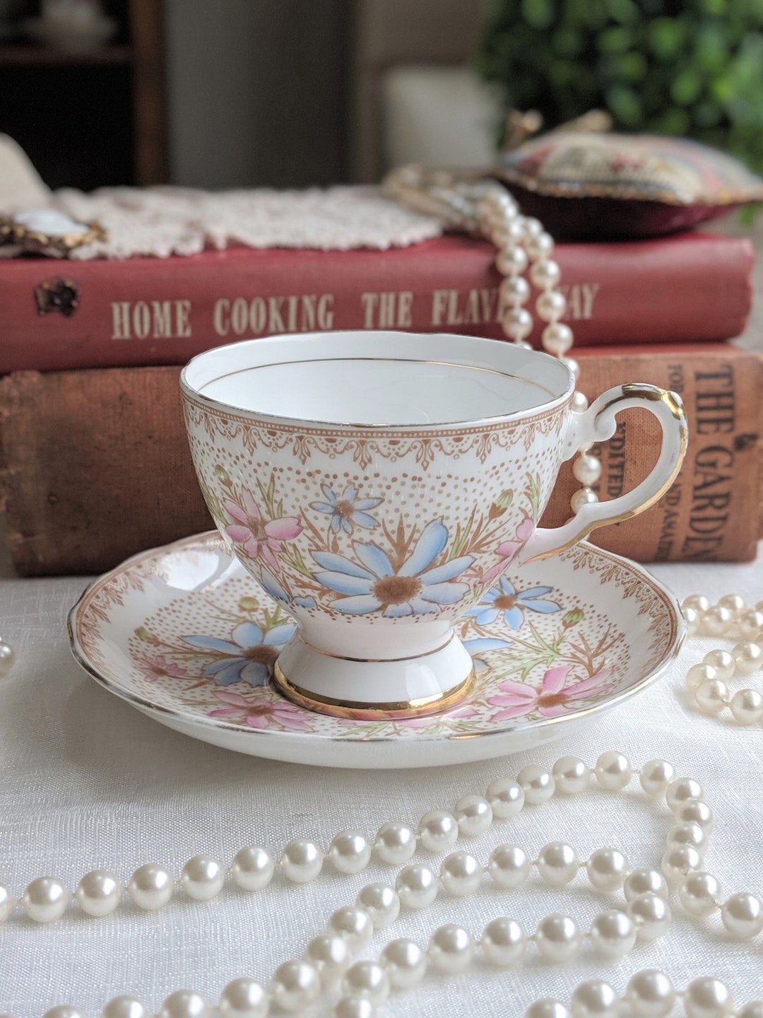 Pretty Vintage Tuscan Hand Painted Bone China Teacup and Saucer Duo Set ...