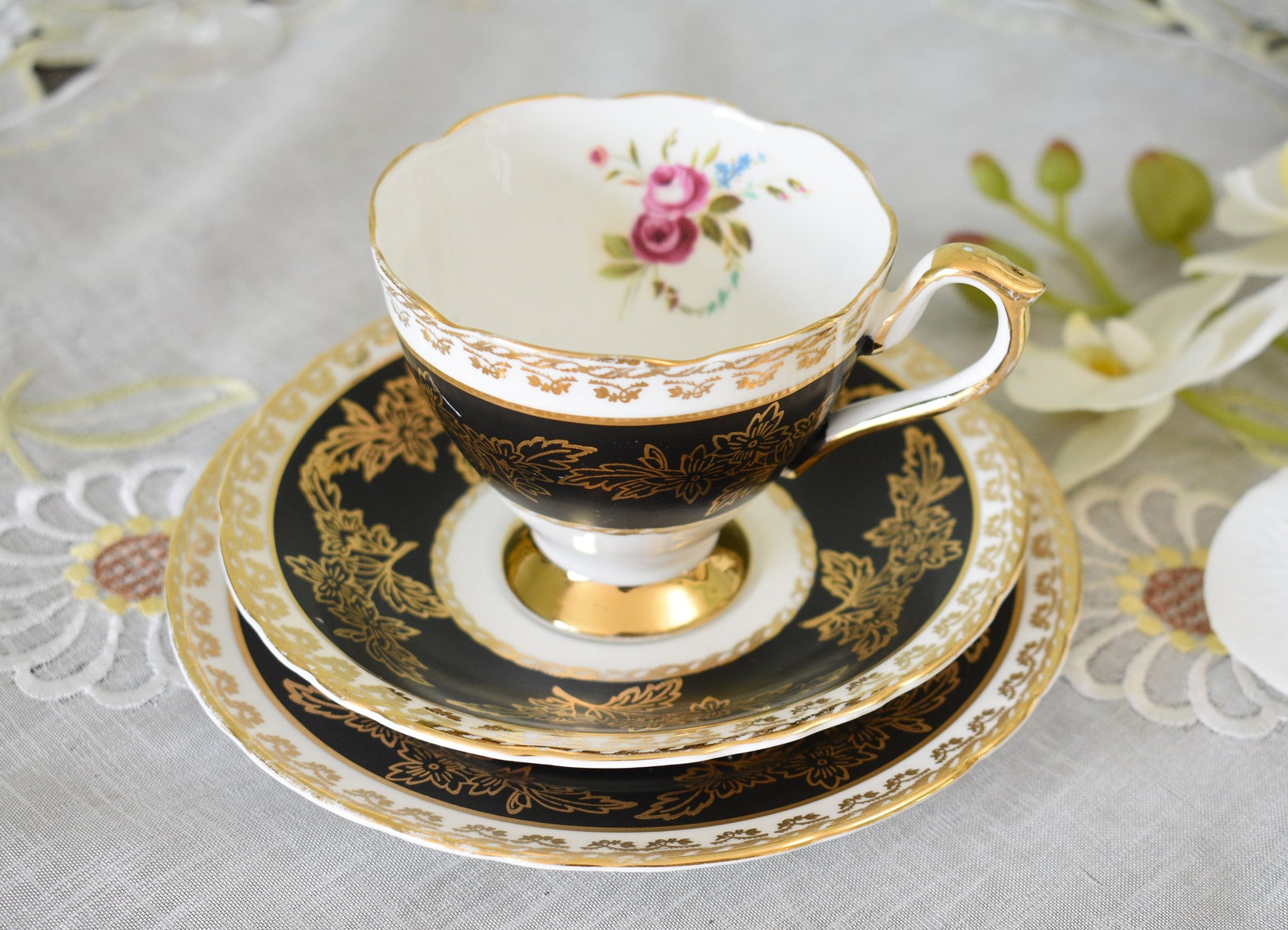 H&M Sutherland in Matt Black and Gold Filigree Tea Cup , Saucer and ...