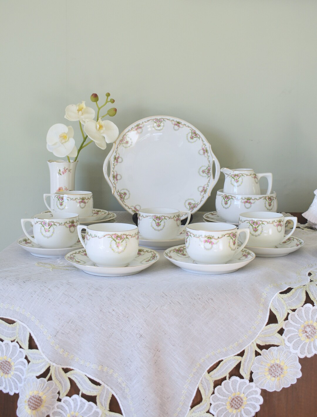 Vintage Rose Swag Bone China for 6 Person Tea Set, 21 Pieces Made in ...