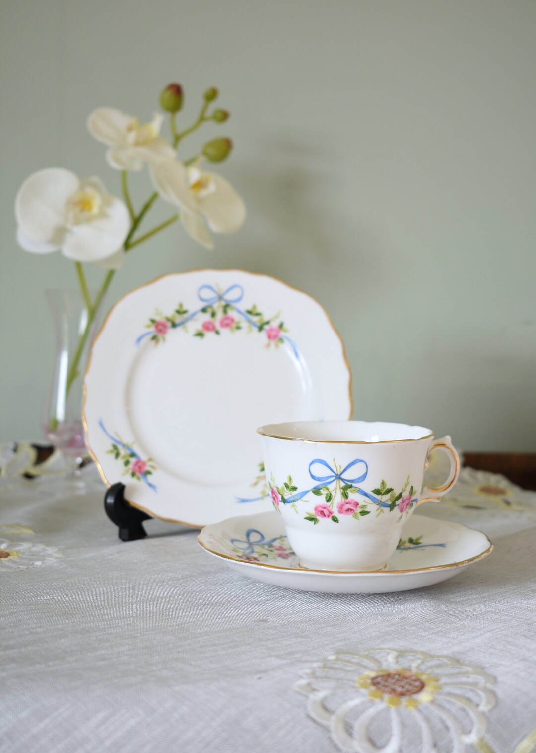 Vintage Bone China Ribbon Tea Cup ,saucer and Side Plate, Trio Set ...