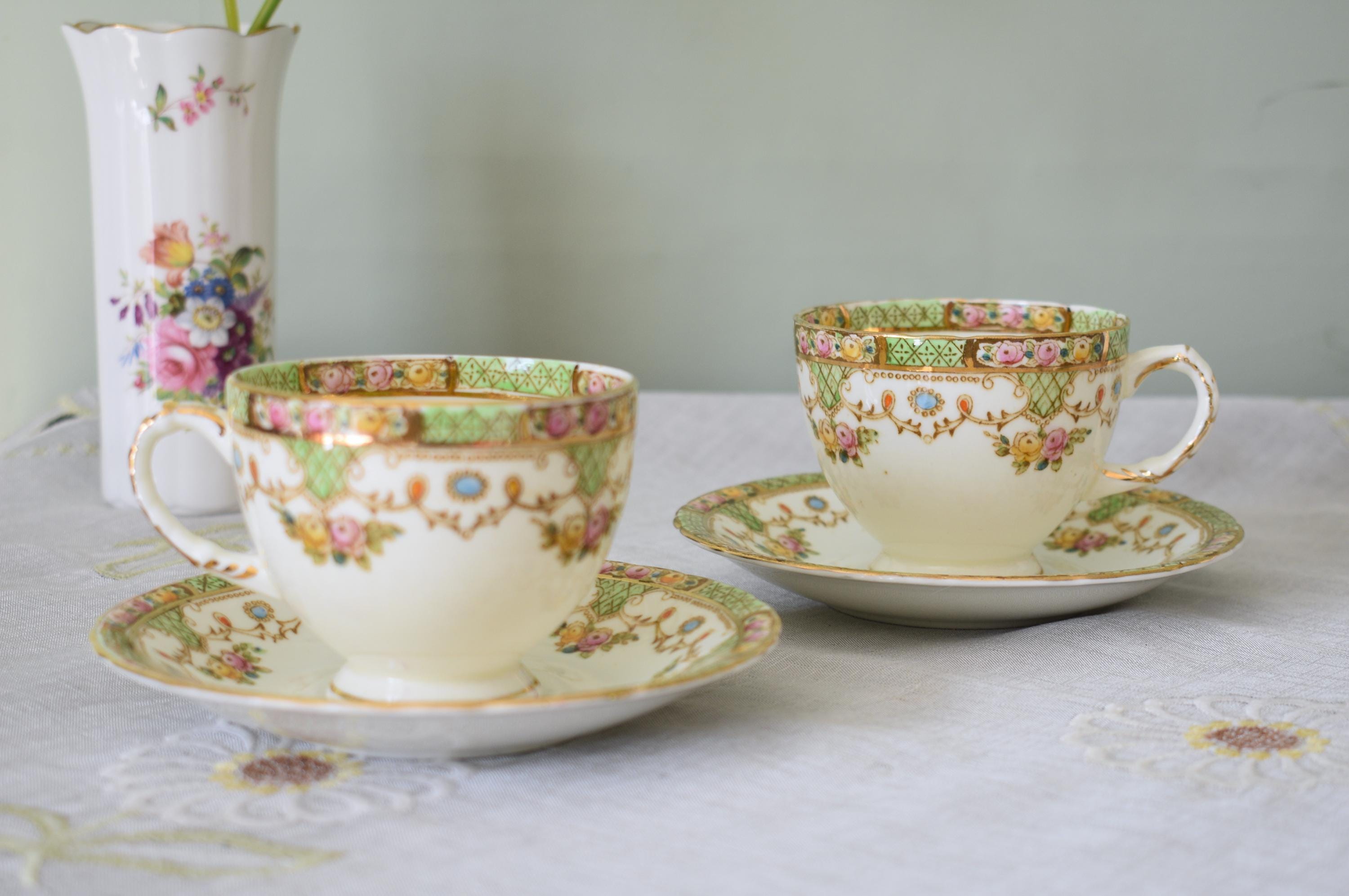 Pair of Sutherland China Hand Painted Rose Swag Gold Filigree Tea Cup ...