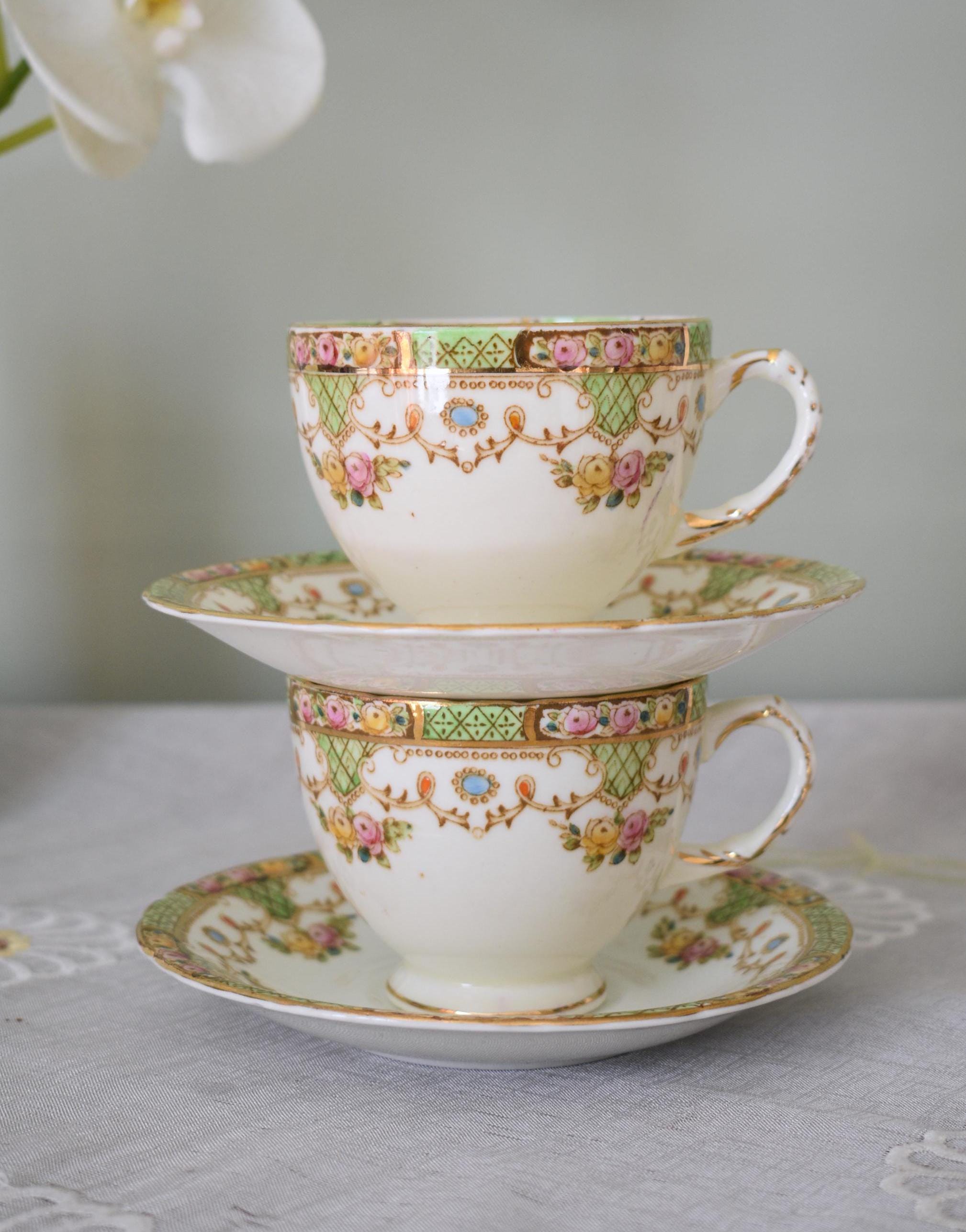Pair of Sutherland China Hand Painted Rose Swag Gold Filigree Tea Cup ...