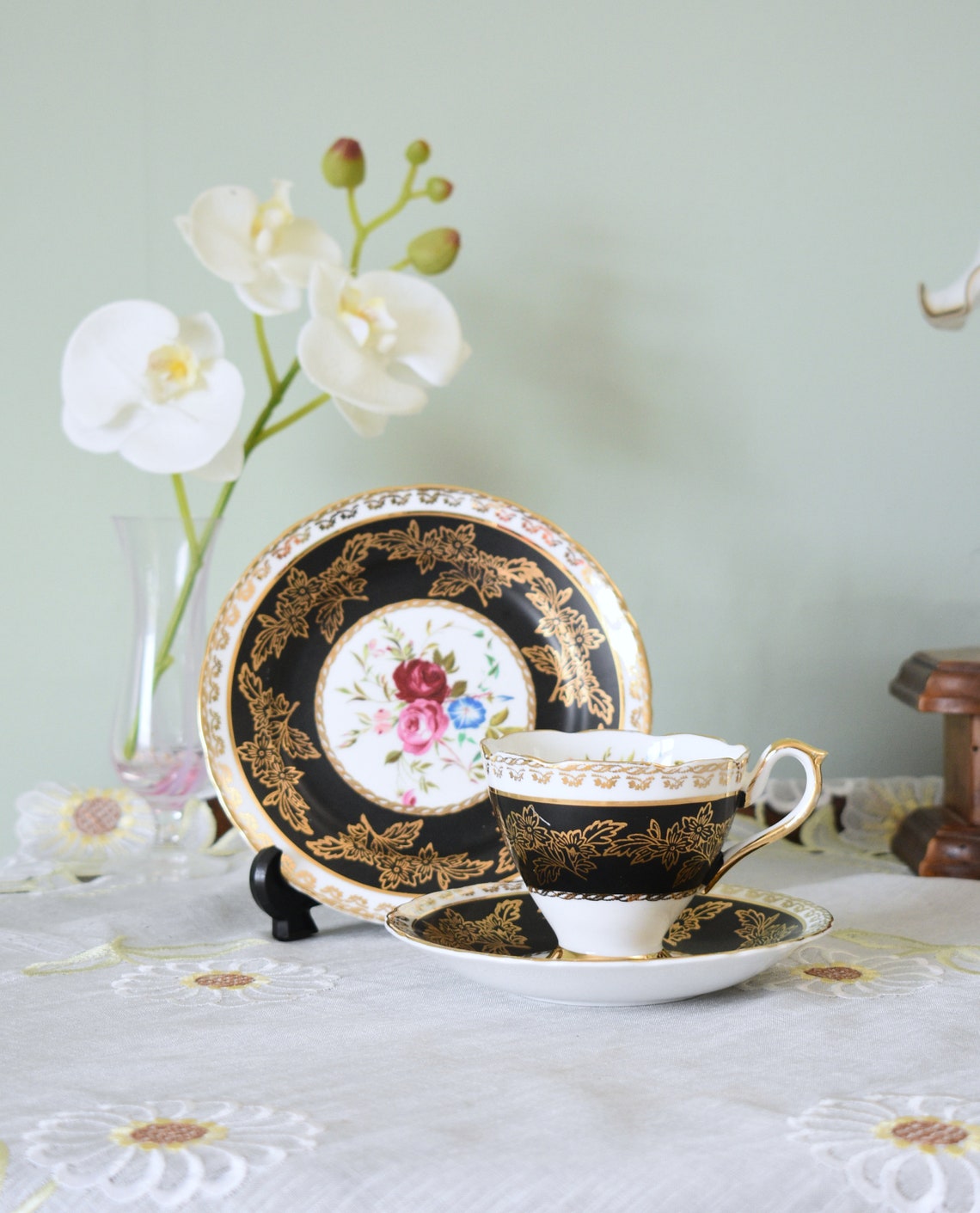 H&M Sutherland in Matt Black and Gold Filigree Tea Cup , Saucer and ...