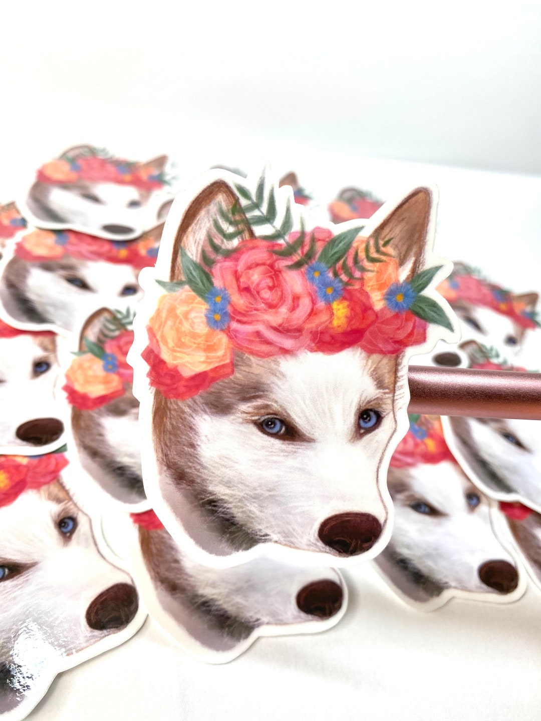Red Husky in Flower Crown Vinyl Waterproof Sticker - Etsy