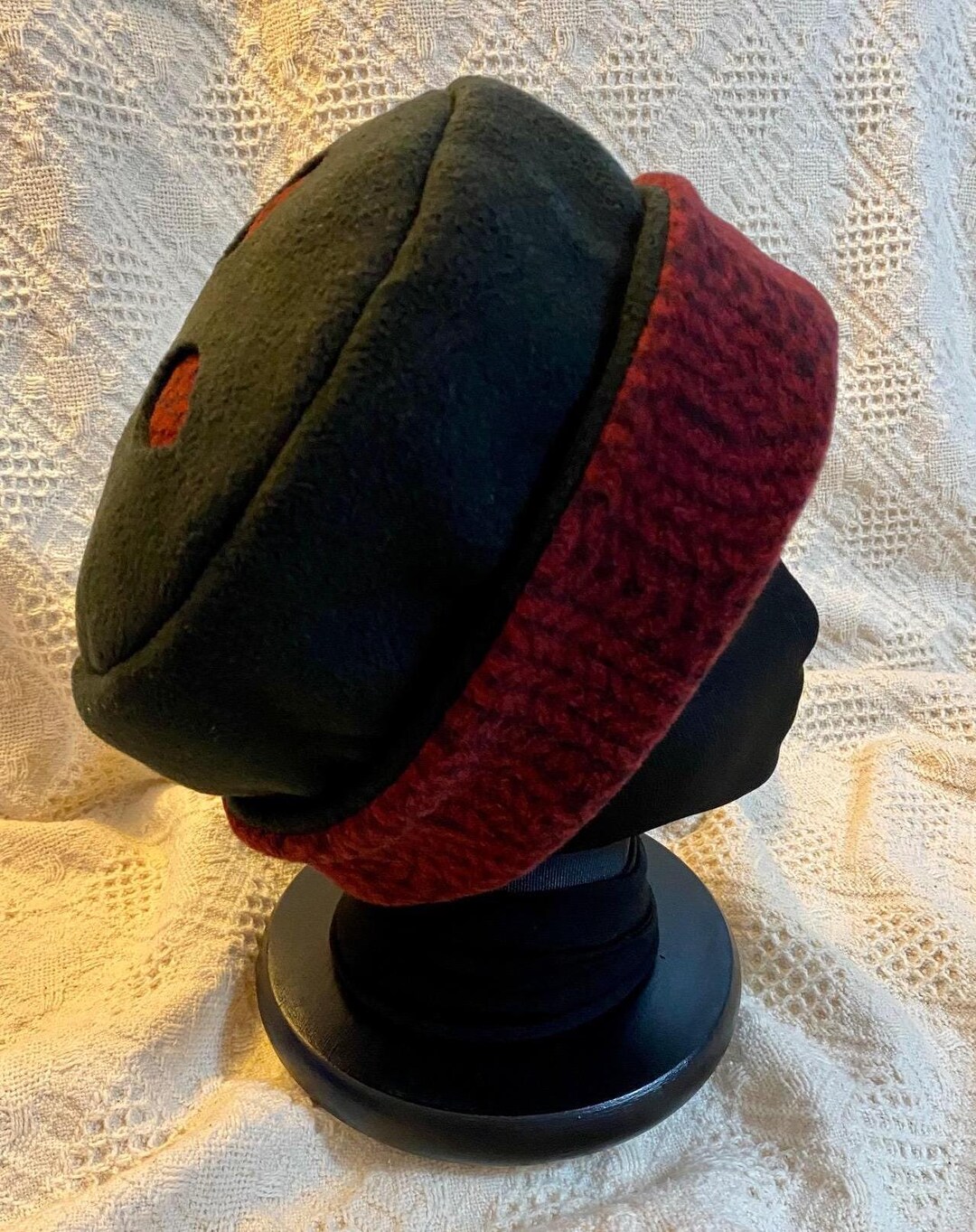 Fleece Hat, Deep Red and Black With Cut-out Design on Top - Etsy