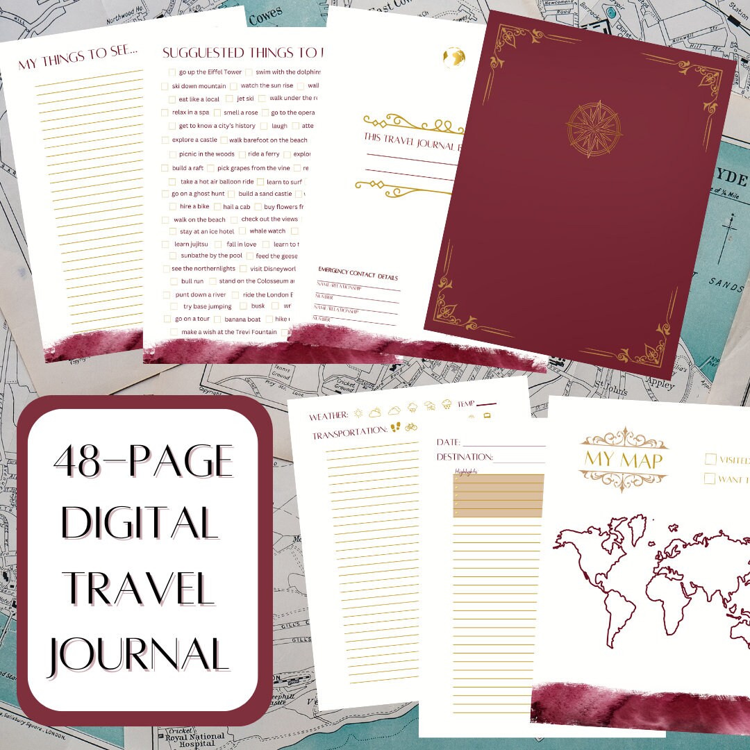 Red Digital World Travel Journal - 48-page Digital Download Travel ...