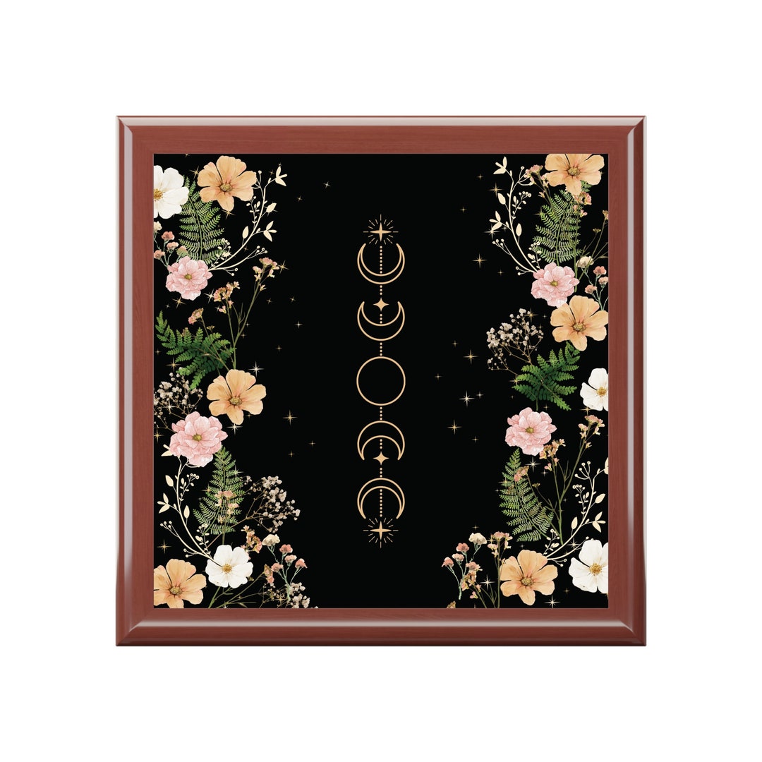 Floral Moon Phase Design Jewelry Box Wooden Keepsake Box With 6 X 6 ...