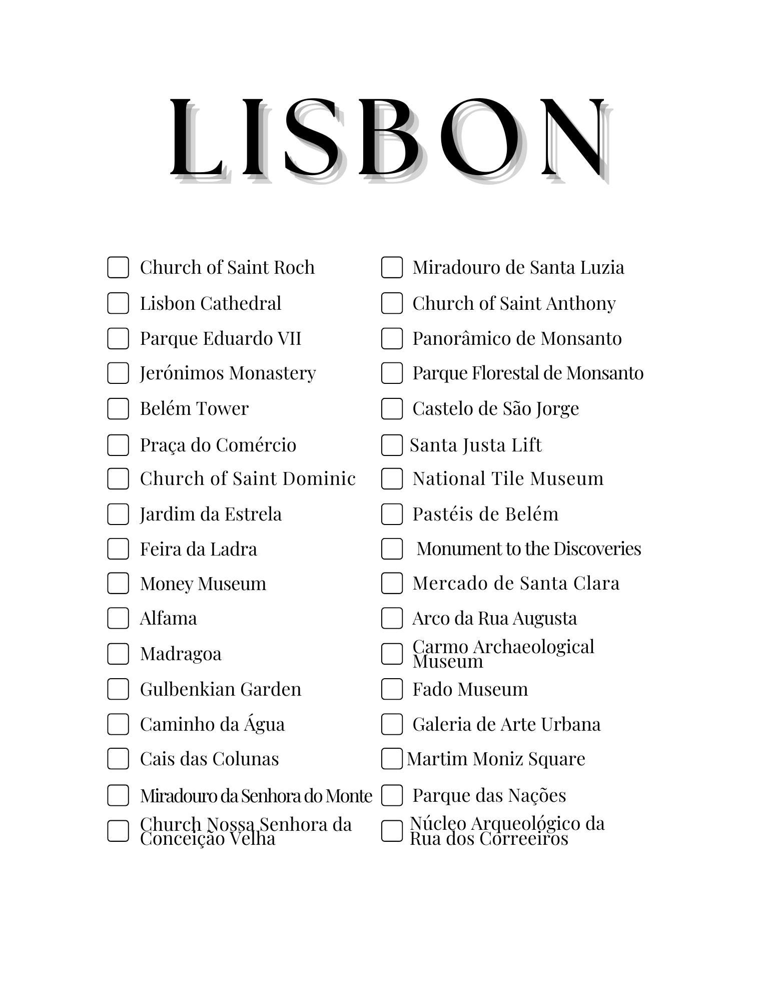 Lisbon Bucket List: Portugal Travel Checklist (digital Download, PDF ...