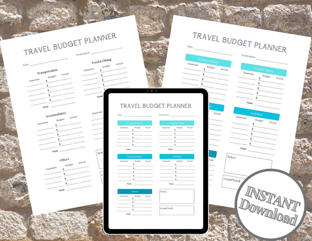 Blue Travel Budget Planner: Printable Vacation Organizer (2 Digital ...