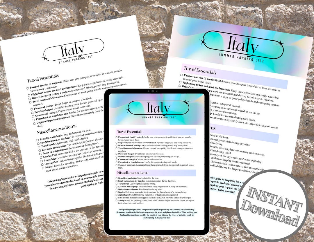 Italy Packing List for Summer Vacation - Printable PDF Digital Download ...