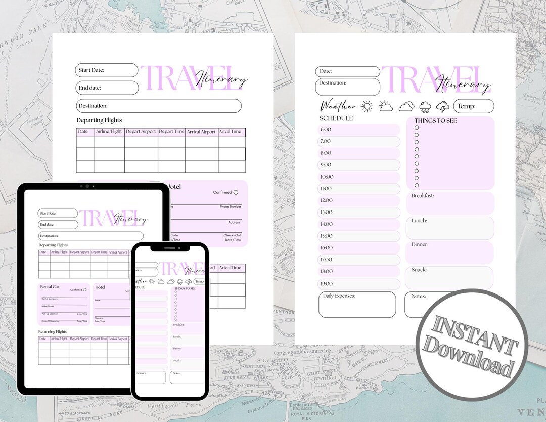 Magenta Printable Travel Itinerary, Printable Agenda for Travel, Trip ...