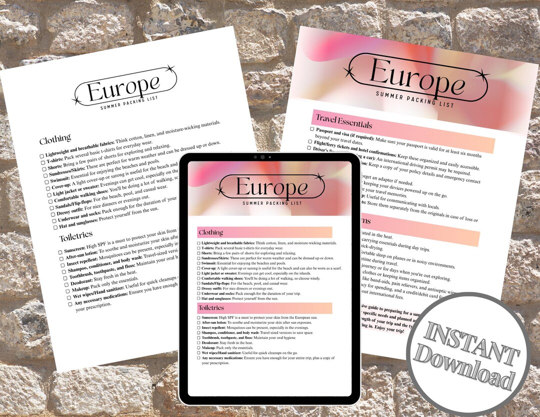 Europe Packing List for Summer Vacation - Printable PDF Digital ...