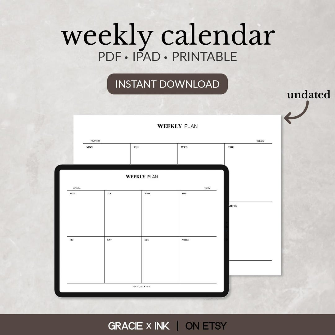 Minimalist Undated Weekly Calendar Landscape PDF Template, Weekly ...